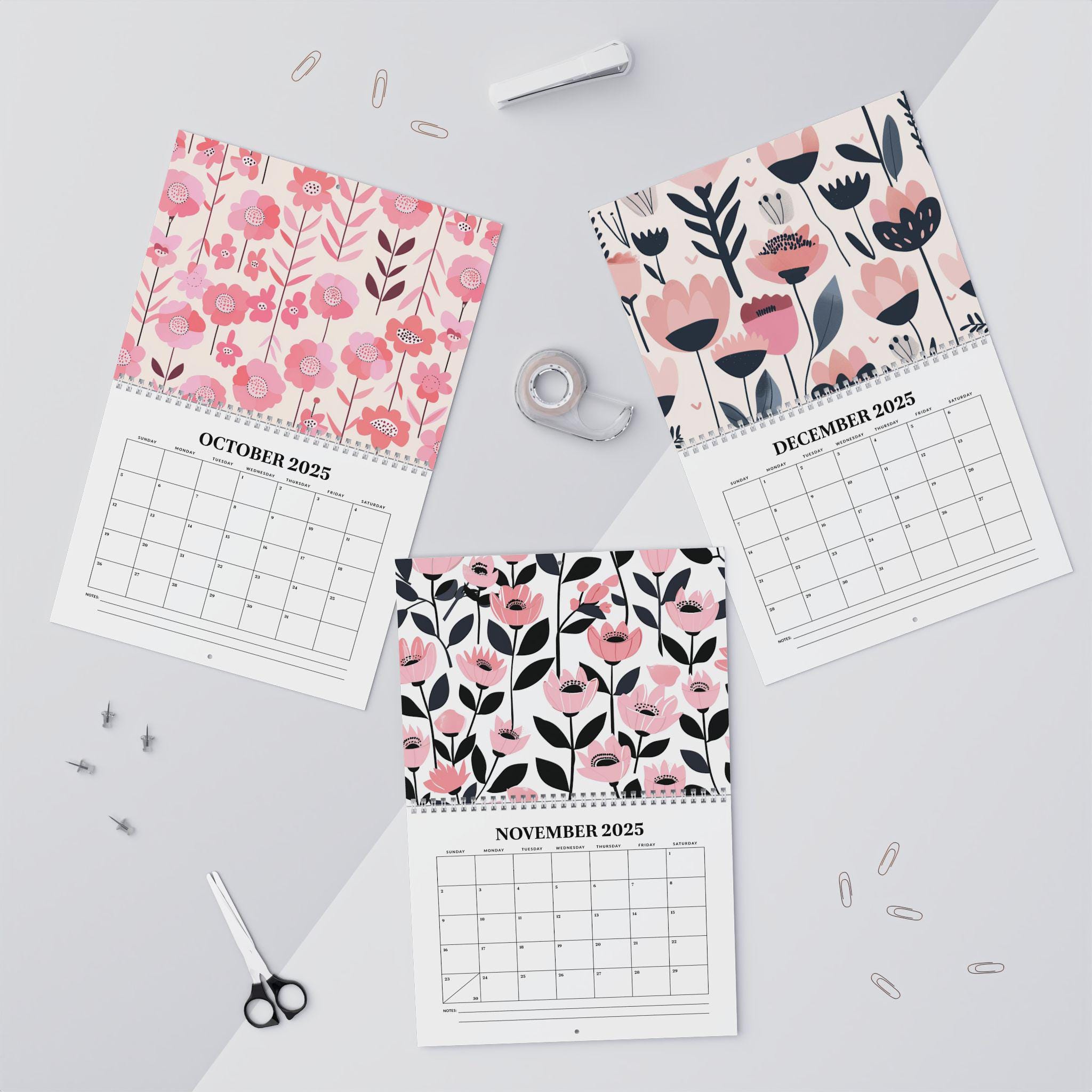 Pink Scandinavian Flowers 2025 Wall Calendar 11" X 8.5", Nordic ...