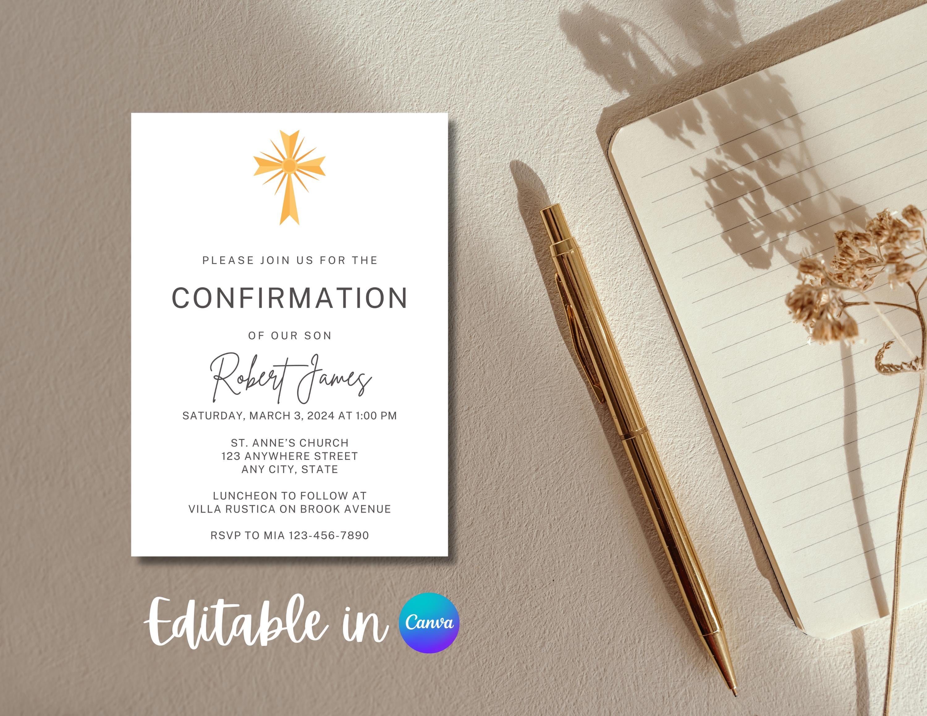 Editable Confirmation Invitation, Canva Template, Classic Cross Design ...