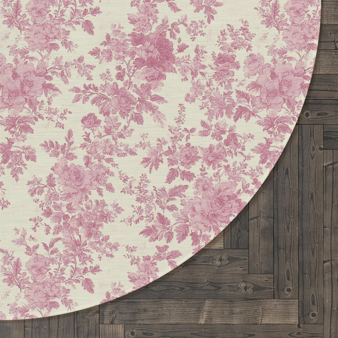 Pink French Toile Floral Round Rug, Elegant Chateaucore Accent Rug for ...