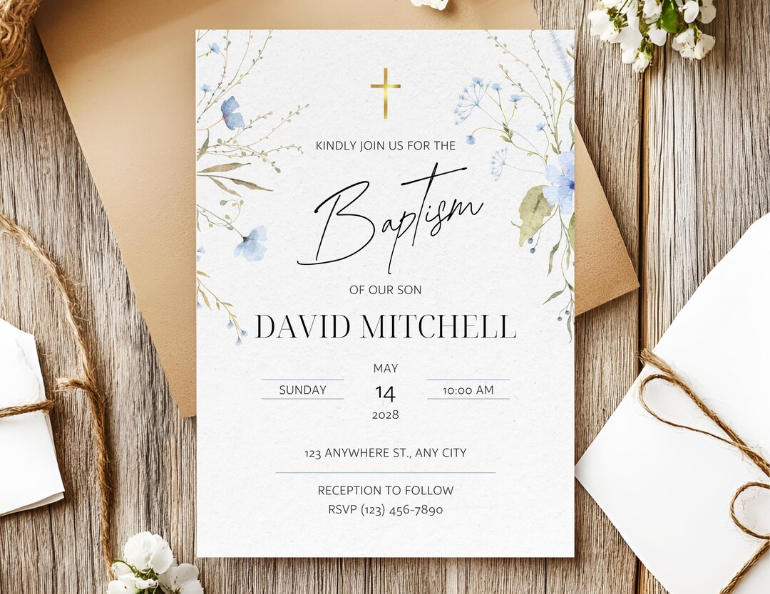 Editable Baptism Invitation, Elegant Blue Floral Design, Religious ...