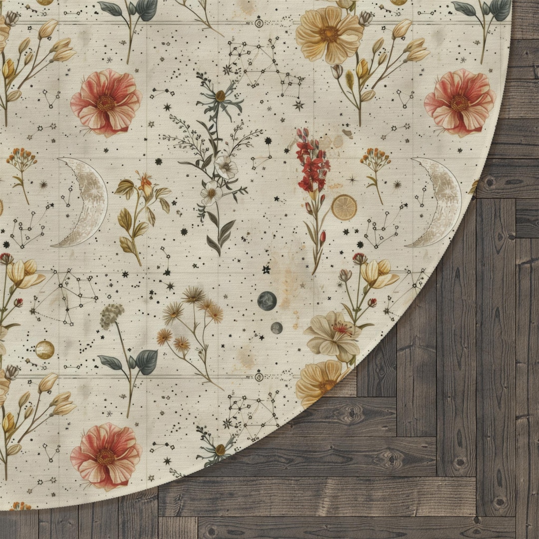 Celestial Botanical Round Rug, Boho Floral Accent Rug 60x60, Cozy ...