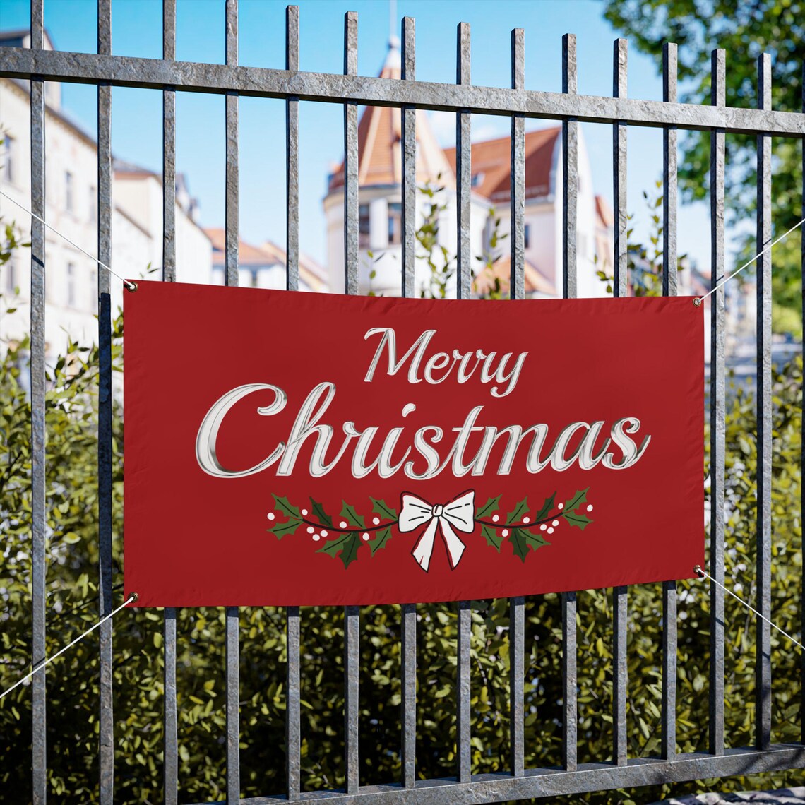 Merry Christmas Outdoor Banner - Reusable Holiday Vinyl Sign With ...