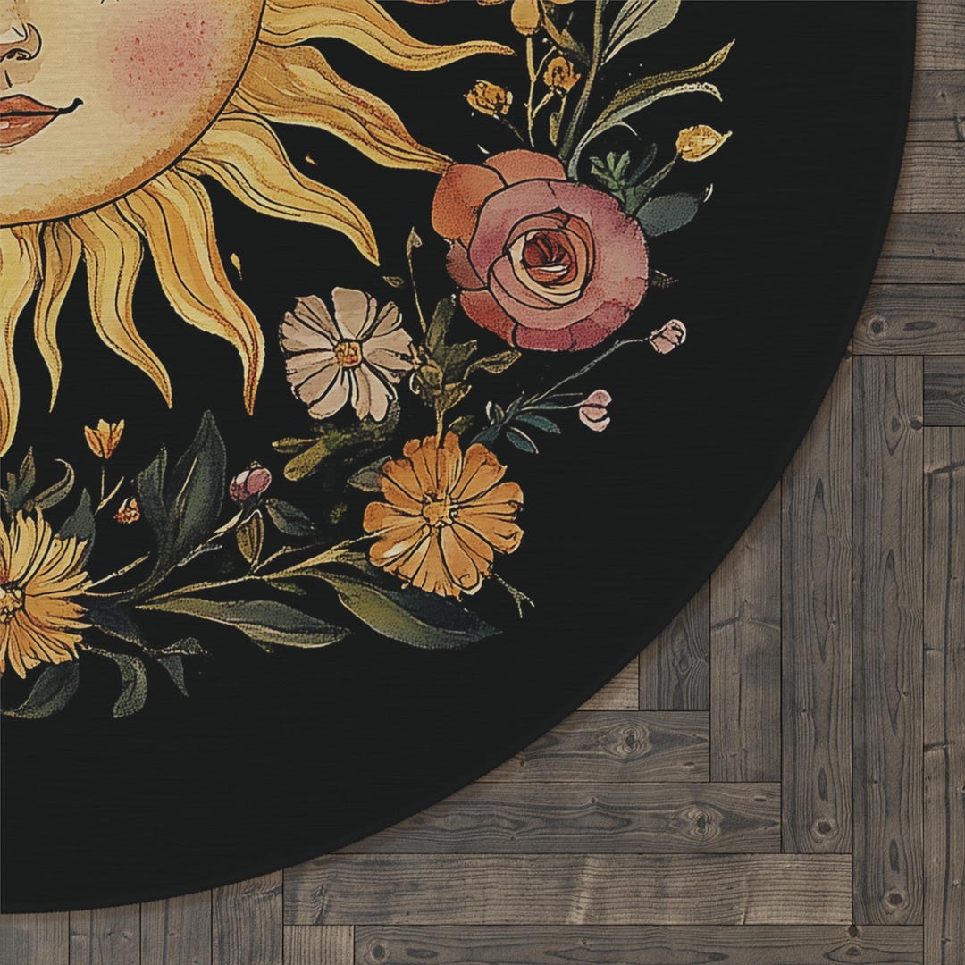 Celestial Sun Accent Rug, Floral Sun Area Rug, Vintage Flowers Round ...
