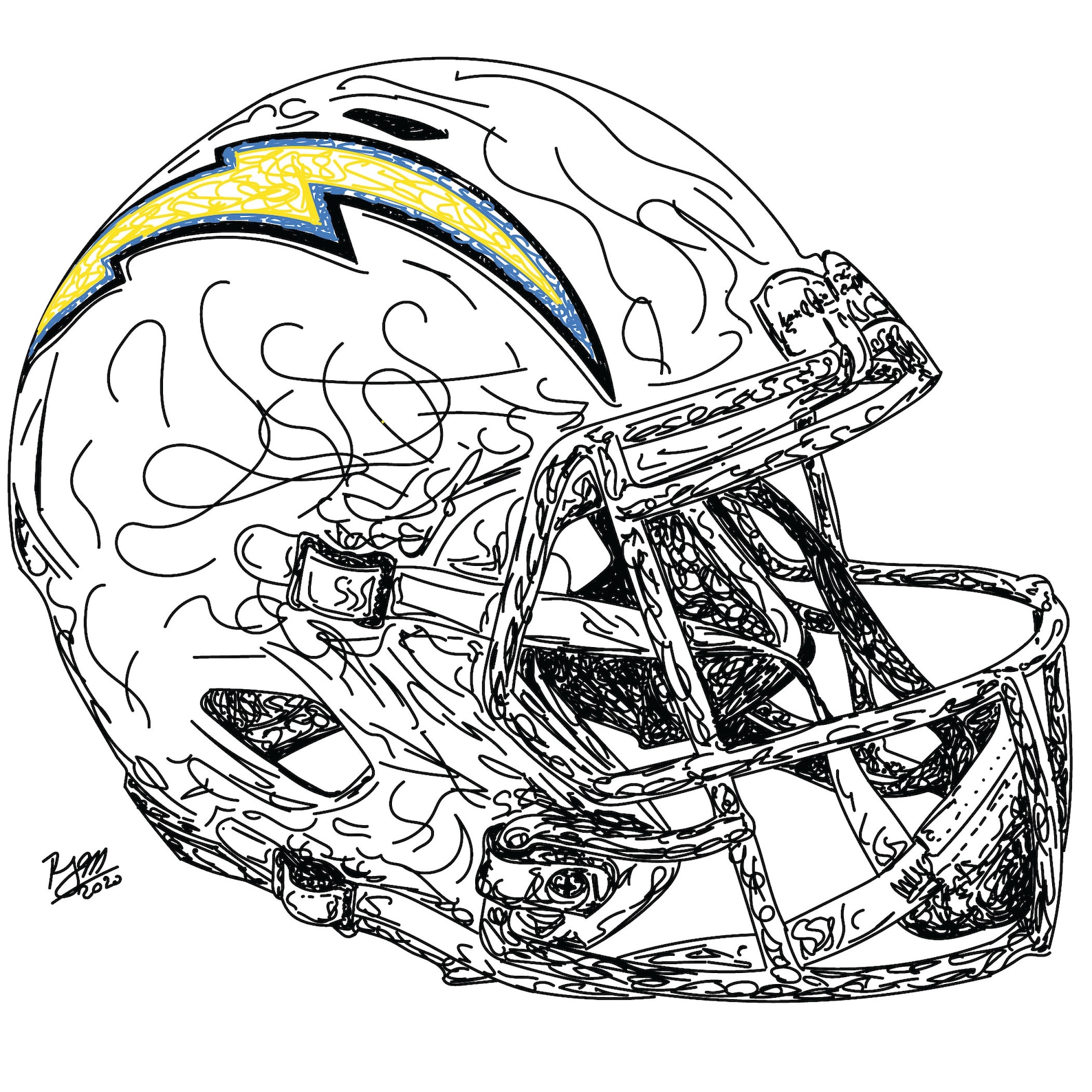 Los Angeles Chargers Helmet Drawing Digital Download With Color - Etsy