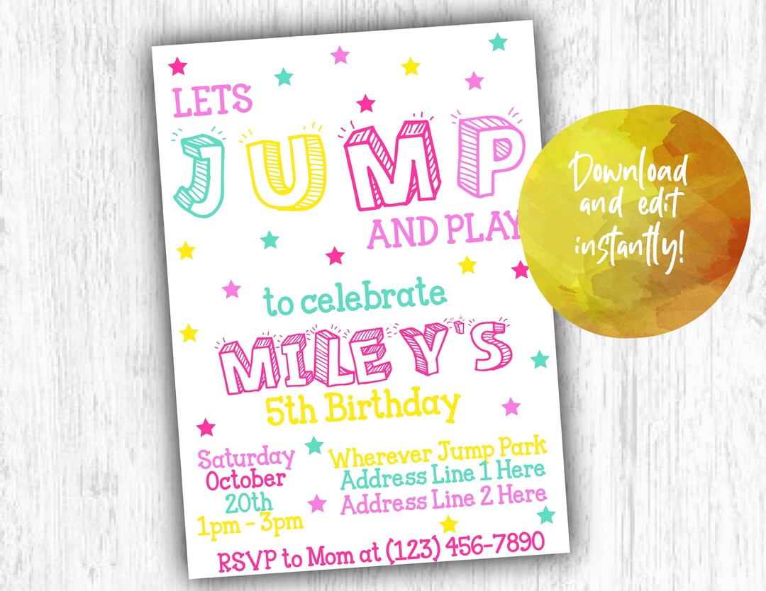 Editable Jump Invitation, Trampoline Park Invite, Jump Bounce House ...