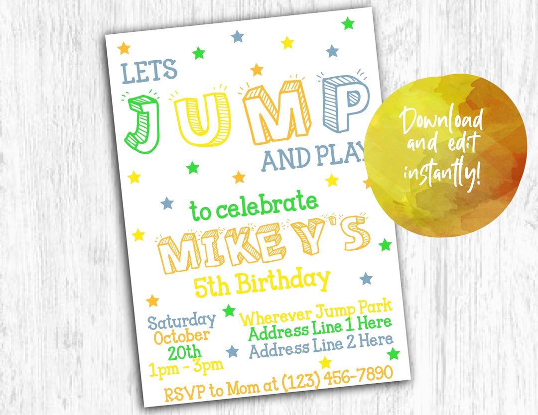 Editable Jump Invitation, Trampoline Park Invite, Jump Bounce House ...