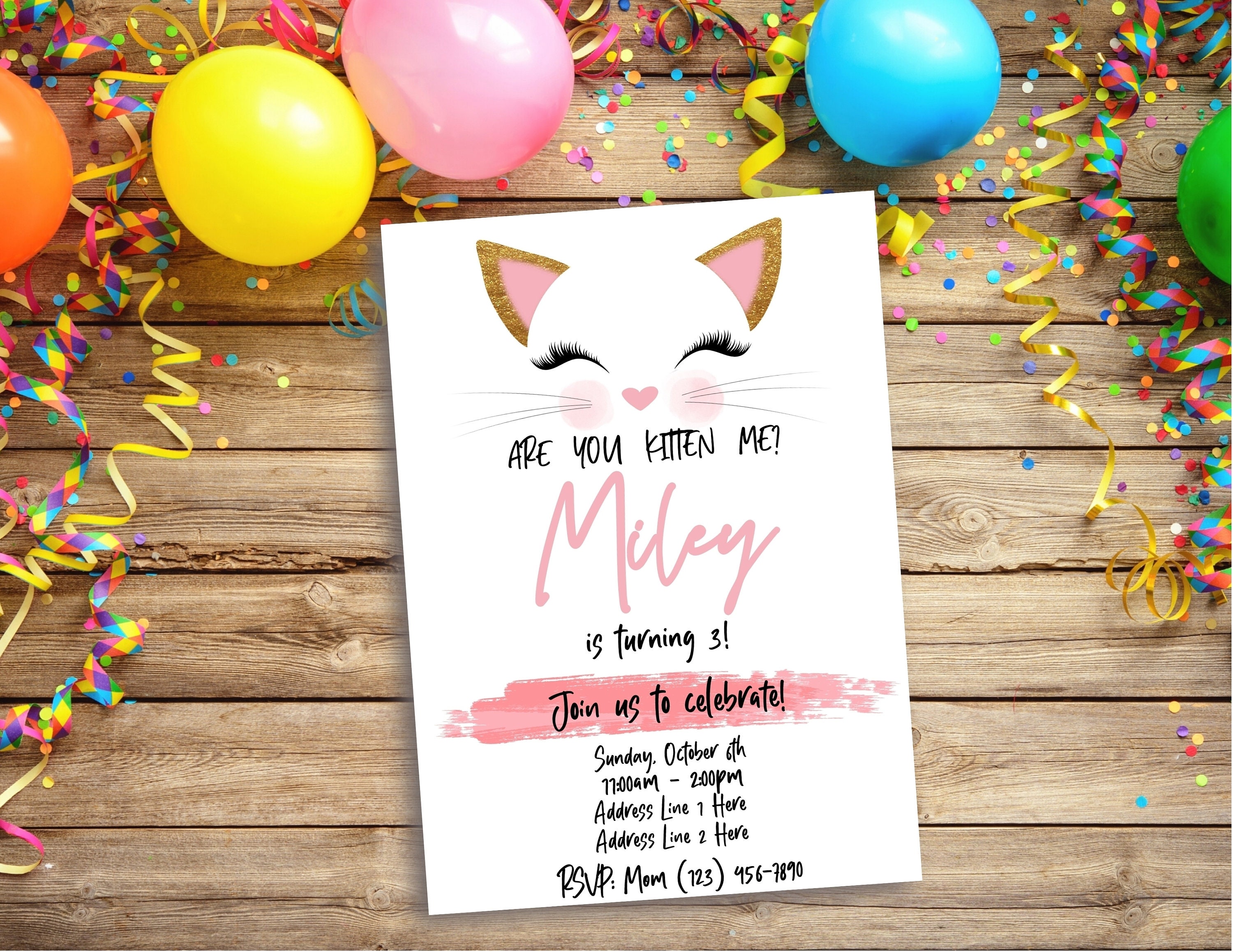 Cat Birthday Invitation Cat Birthday Party Cat Birthday Card | Etsy