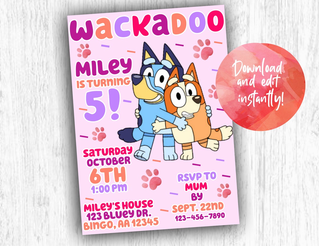 Bluey Pink Birthday Invitation Bluey Invite Girl Bluey and Bingo Party ...