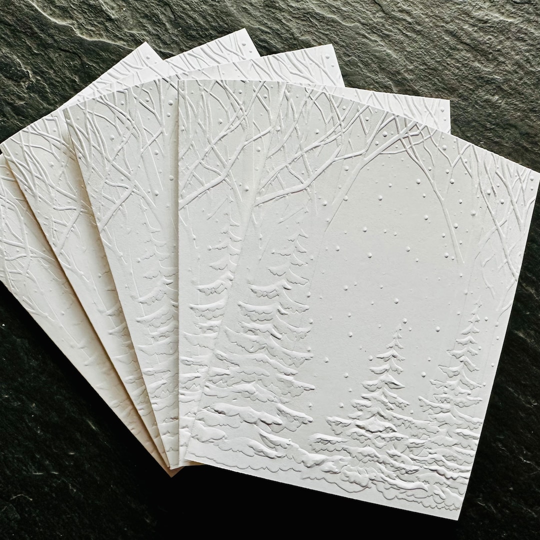 Minimalist White Christmas Cards Set With Snowy Trees, Handmade ...