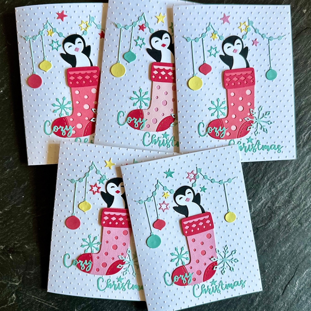 Handmade Embossed Christmas Cards Set of 5 With Cute Penguin for Kids ...