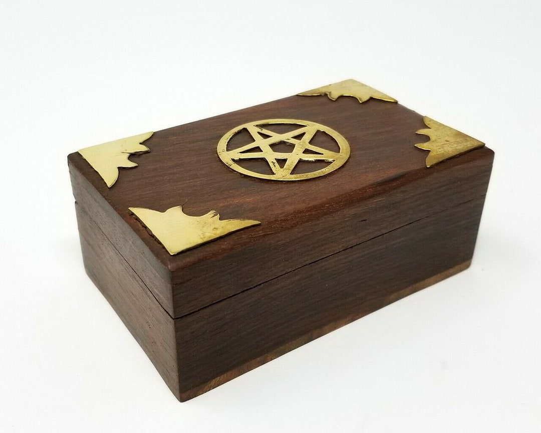 Brass Pentagram Pentacle Wooden Box Altar Stash Jewelry Wicca Pagan ...