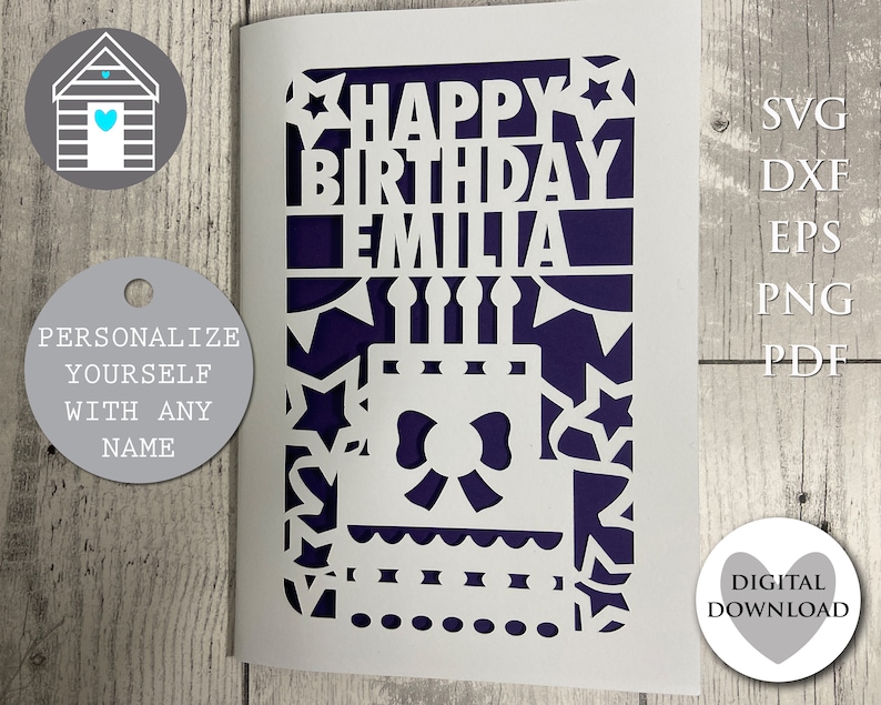 SVG Happy Birthday Cake Card Template Personalized Card Digital Laser ...