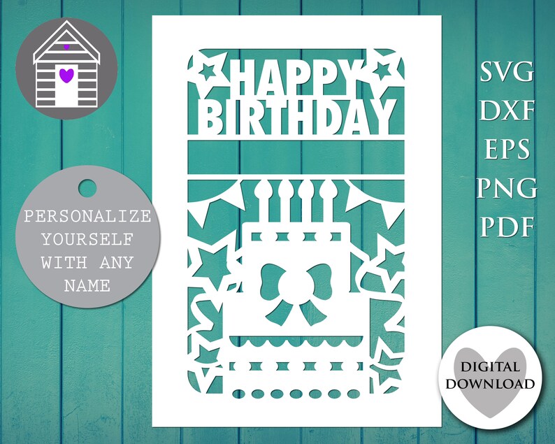 SVG Happy Birthday Cake Card Template Personalize Your Card - Etsy