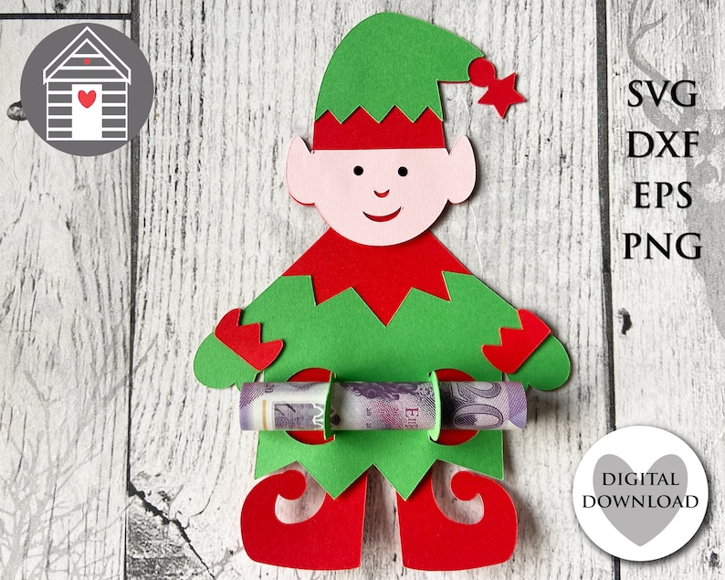 SVG Christmas Elf Money Card Cut File EPS PNG Dxf - Etsy