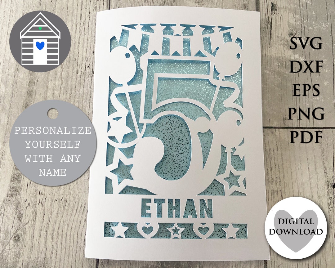 Happy 5th Birthday Card DIY Papercut Template Age 5 Personalised Number ...
