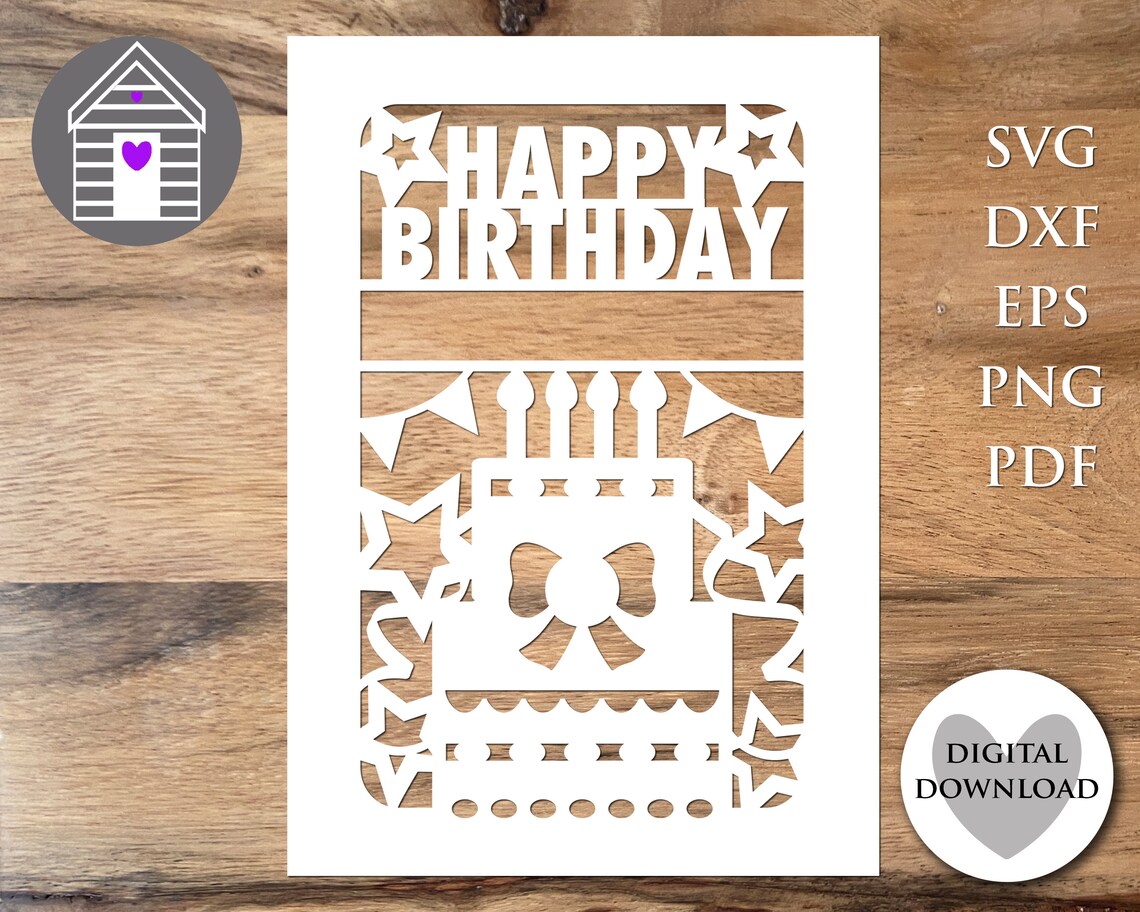 SVG Happy Birthday Cake Card Template Personalized Card Digital Laser ...