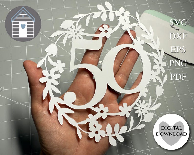 Floral Wreath Number 50 DXF Laser Cut File 50th Birthday Cake Topper ...