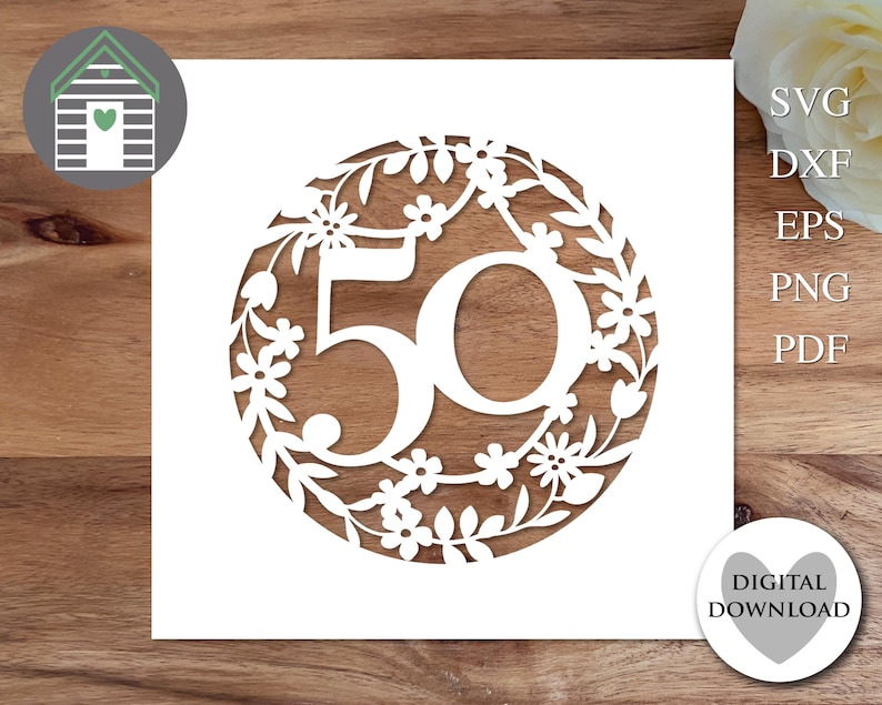 Floral Wreath 50th Birthday Card SVG Square Papercut Design for Laser ...