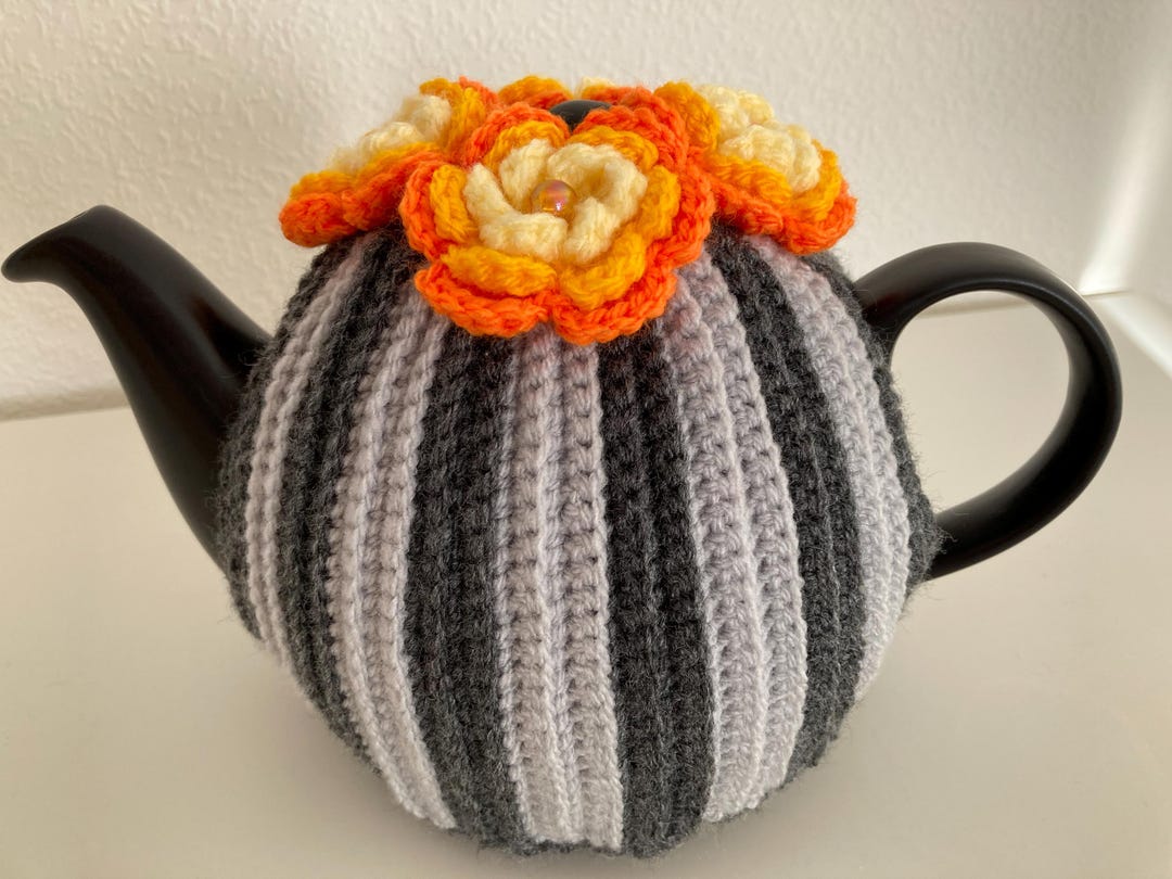 Large Black and Grey Tea Cosy / 6 to 10 Cup Tea Cozy / Orange Flower ...