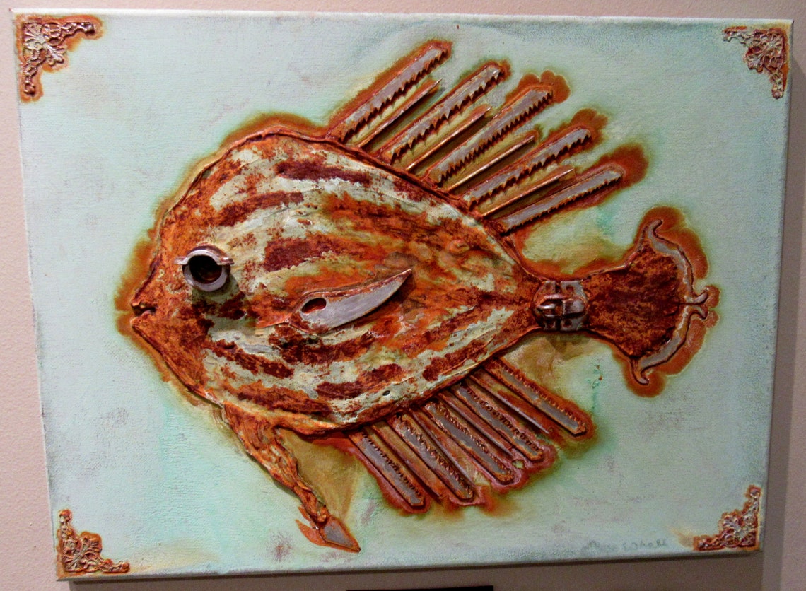 Textured Sea Art Original Fish Painting in Rust and Patina - Etsy