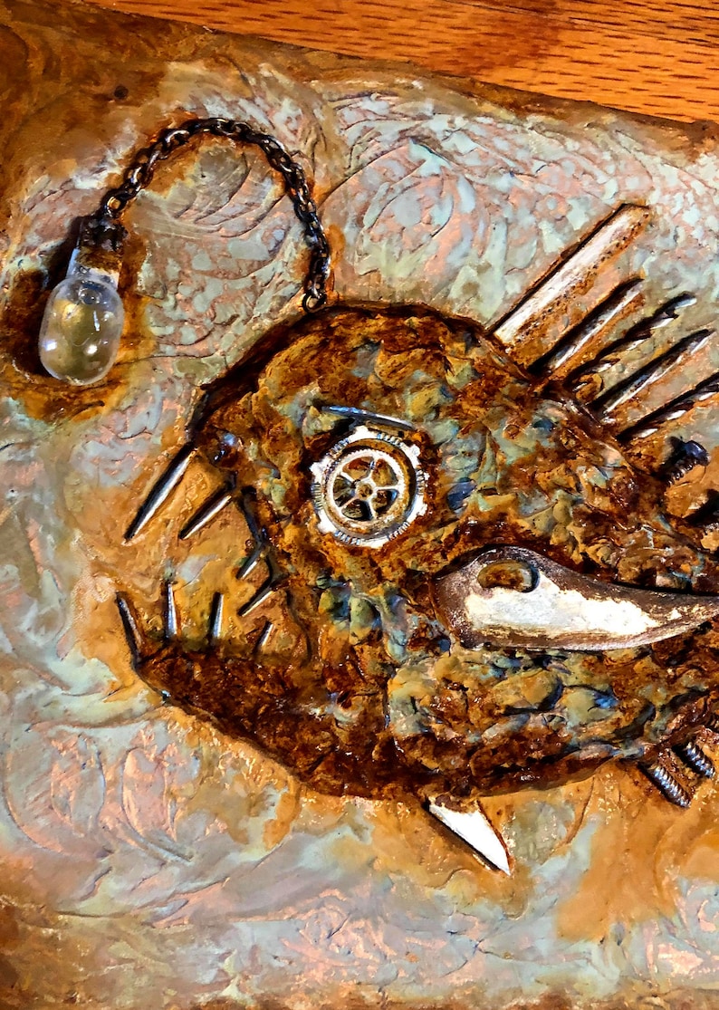 Angler Fish Painting Steampunk Textured Art Rust and Patina Tools - Etsy