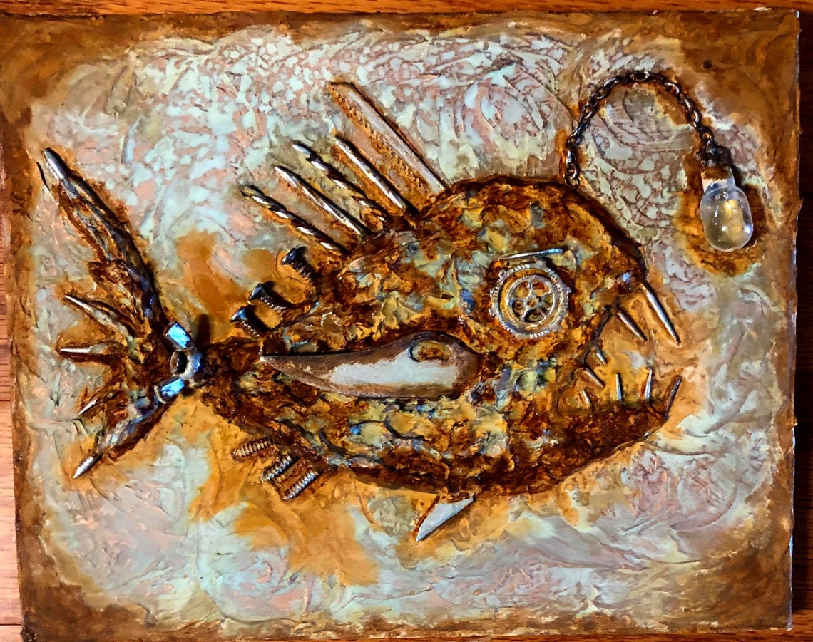 Angler Fish Painting Steampunk Textured Art Rust and Patina Tools - Etsy