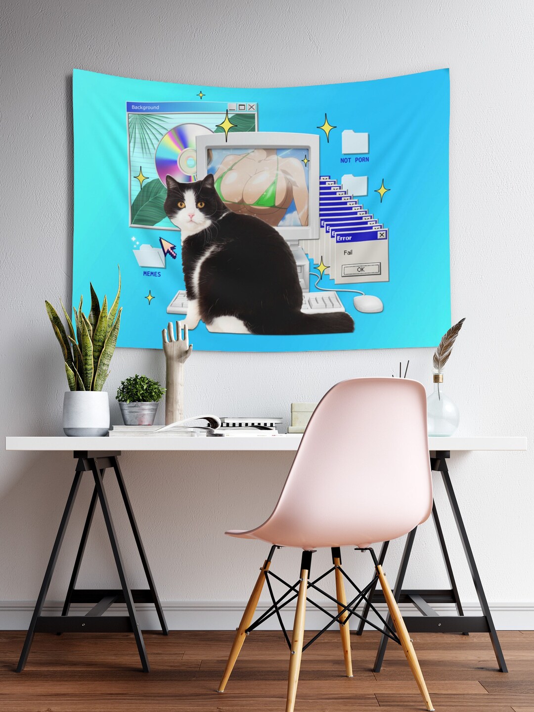 Vapor Wave Cat Meme Tapestry - Funny Anime Wall Hanging for College ...