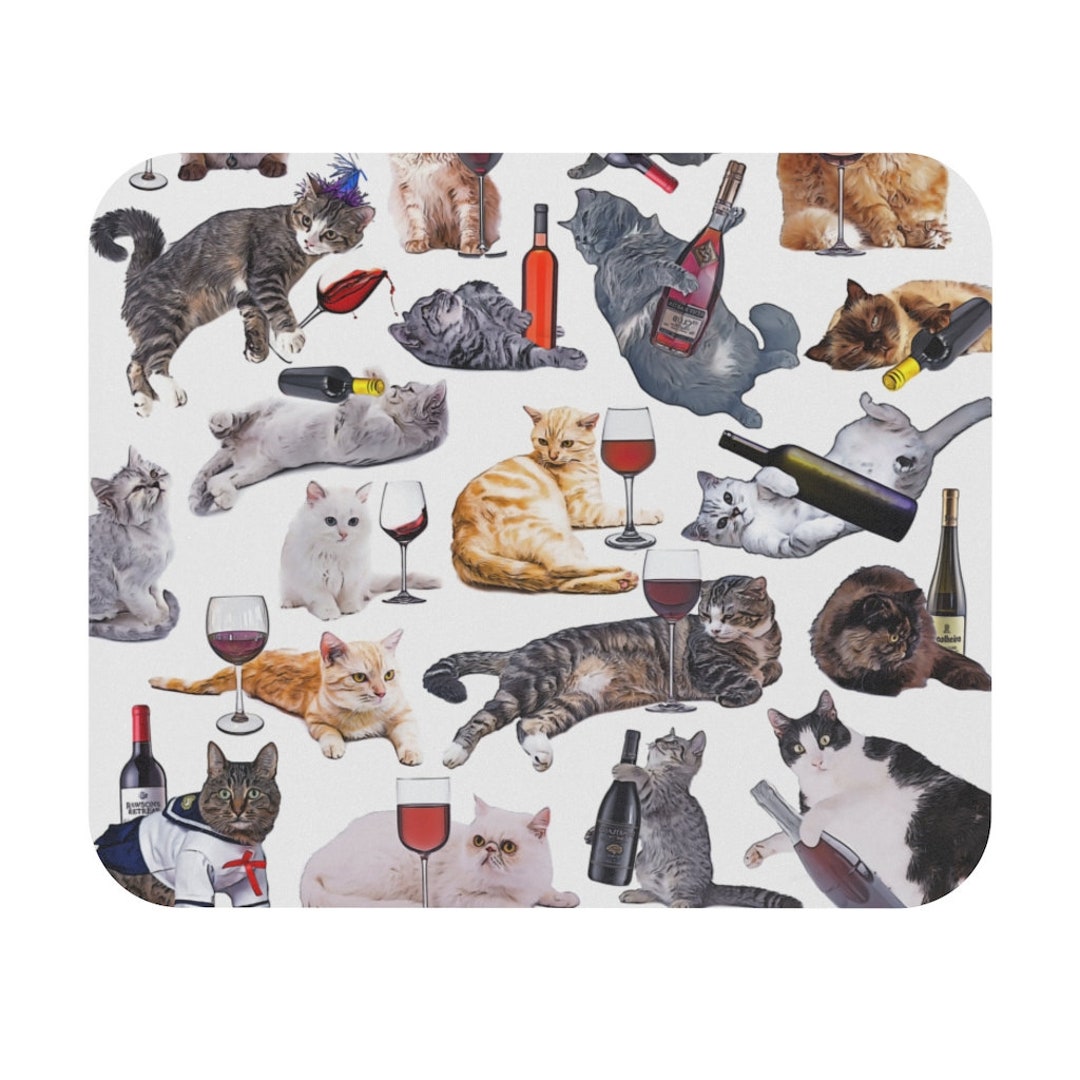 Funny Cats With Wine Mouse Pad - Cat Meme Mouse Mat, 9x8" Animal Desk ...