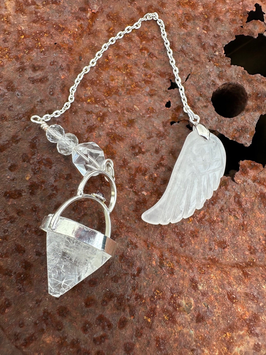 Apophyllite Pendulum With Clear Quartz Beads and a Quartz Angel Wing. Handmade. One of a Kind ...