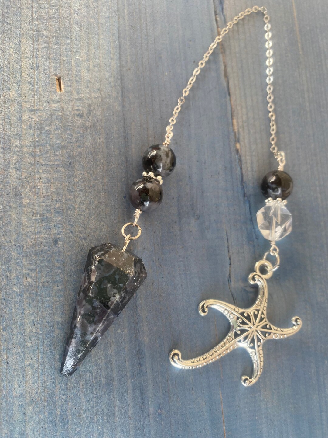 Indigo Gabbro Pendulum: Merlinite, Clear Quartz & Sea Star, Handmade ...