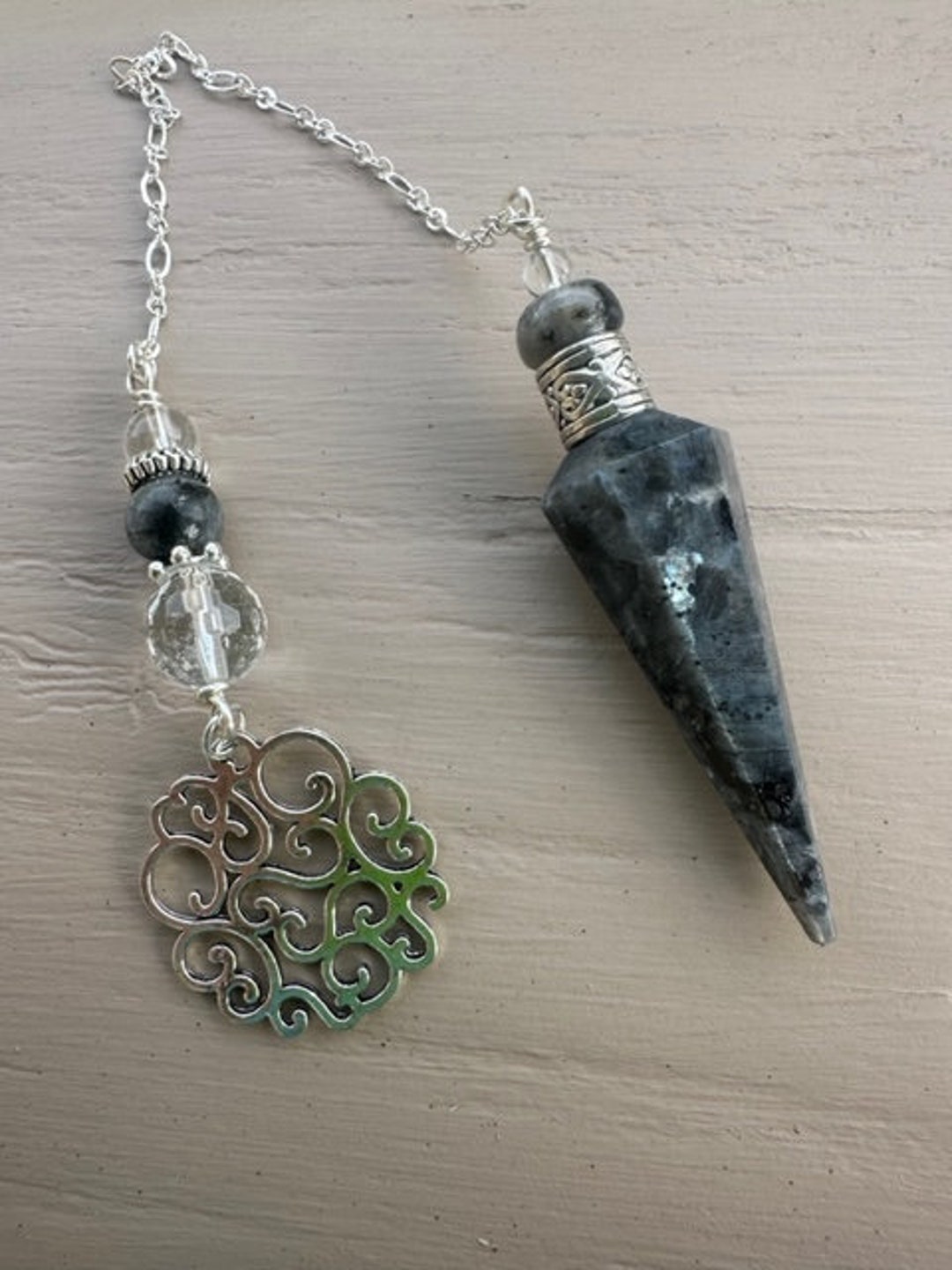 Larvikite Pendulum With Larvikite and Clear Quartz Beads, Silver Plated ...