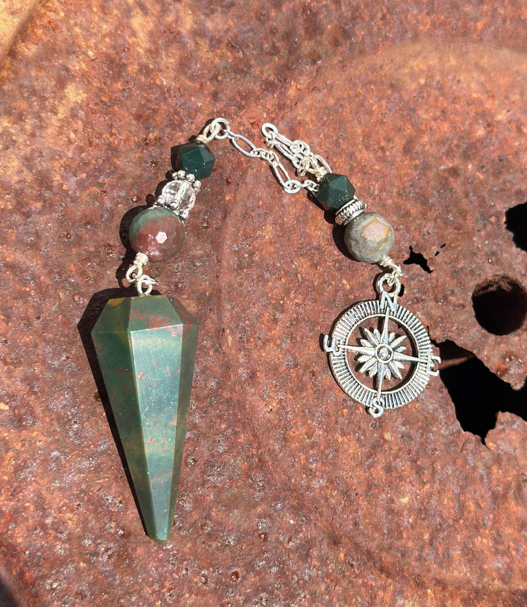 Bloodstone Pendulum, Bloodstone, Clear Quartz Beads With a Compass ...