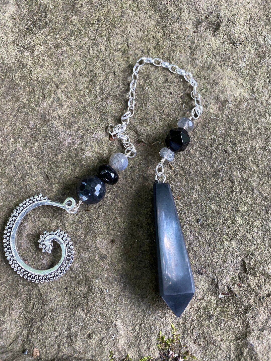 Shungite pendulum with labradorite, black agate and wave charm. Unique ...