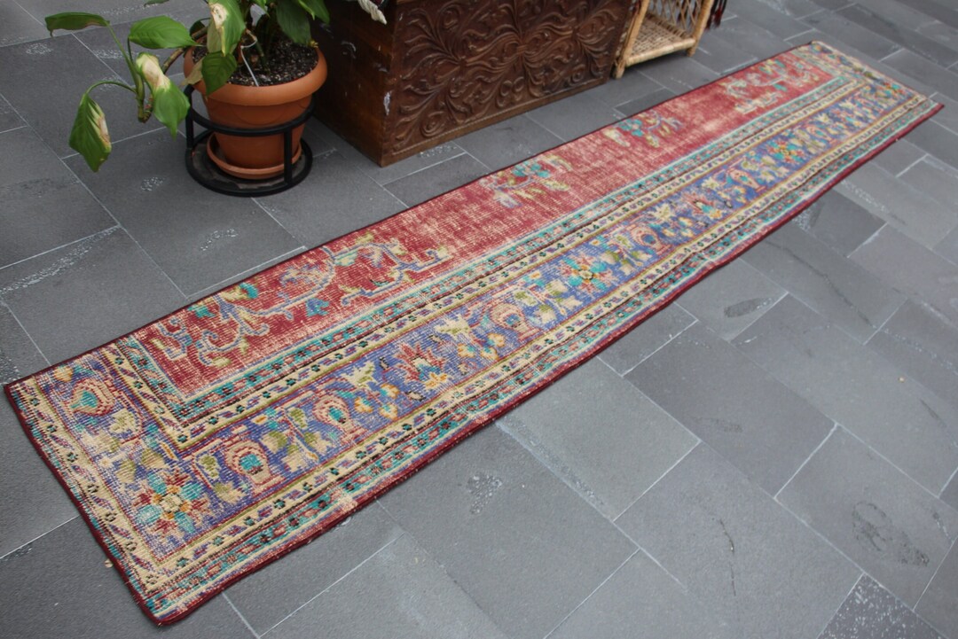 Turkish Blue and Red Rug, Vintage Hallway Rug, Boho Rug, Runner Rug ...