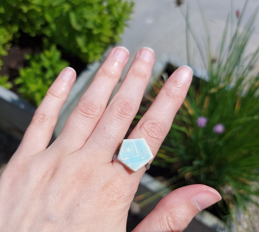 Ceramic Light Blue Ring With Drawing, Pentagonal Light Blue Ring ...