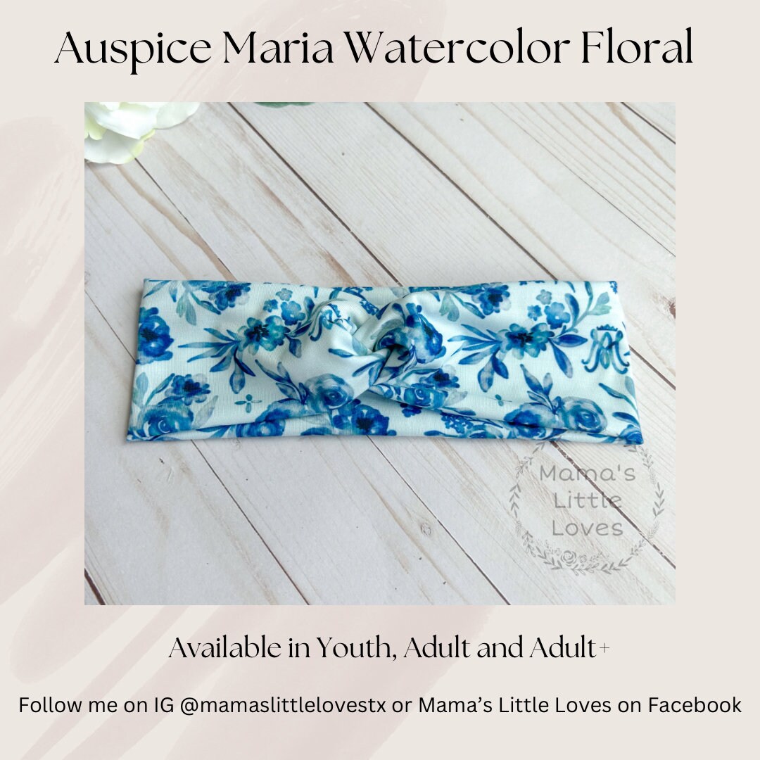 Auspice Maria Watercolor Floral Blue Catholic Twist Headband Gift - Etsy