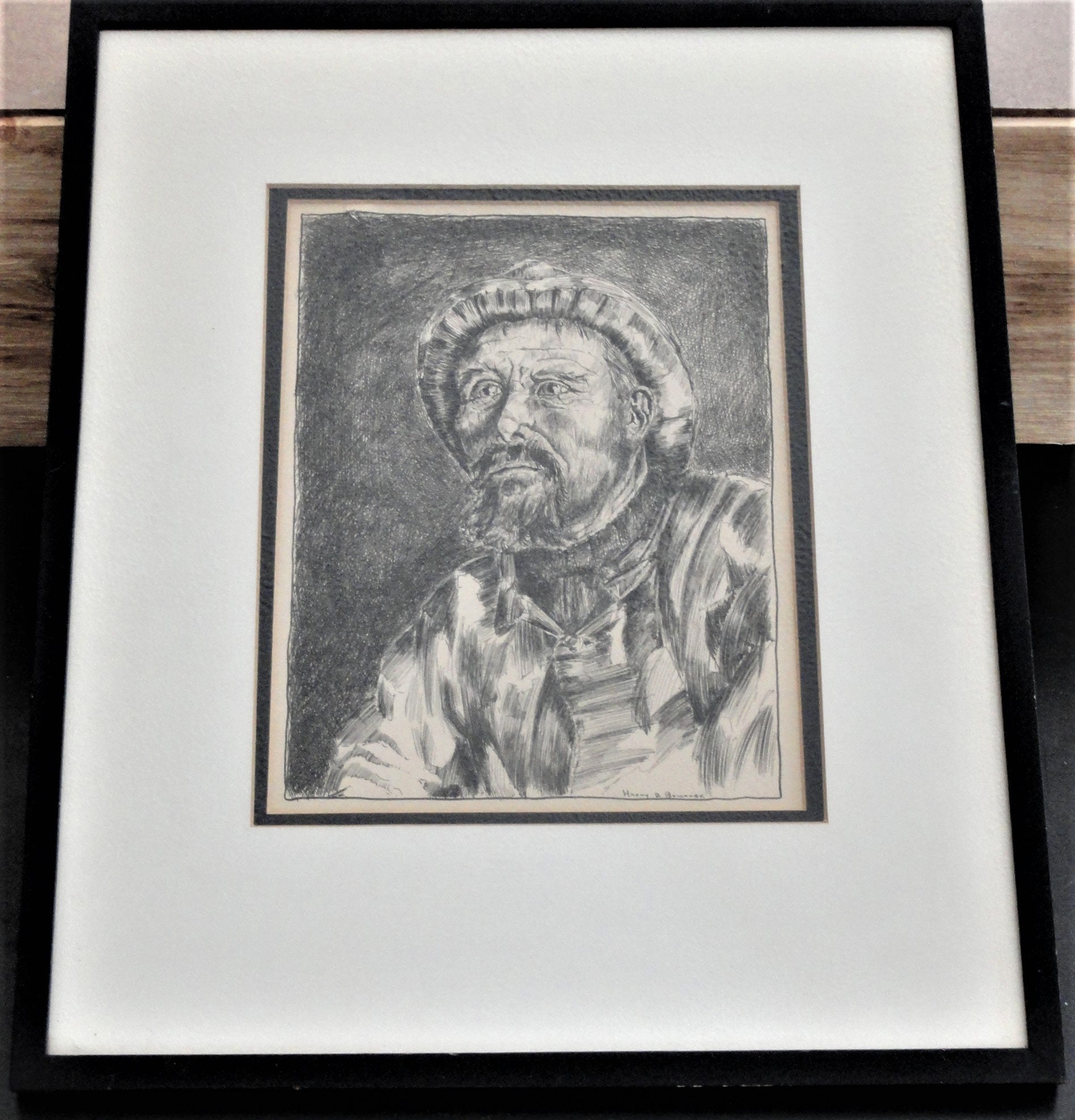 Antique Ink Drawing of Sailor Portrait, Signed by Harry D. Brunner