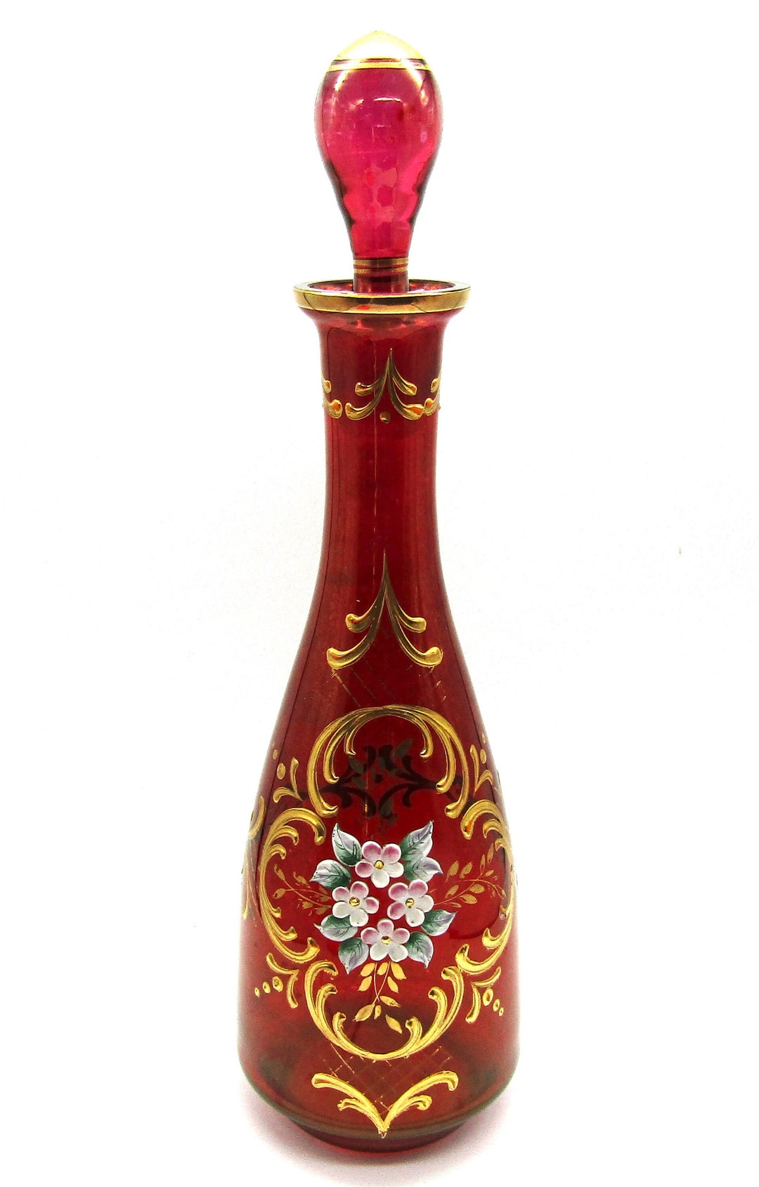 Vintage Bohemian Cranberry Glass Decanter Gilt Hand-painted With Enamel ...
