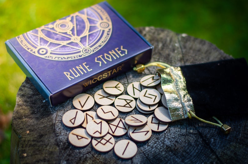 Wooden Rune Stone Bag Set With Layout & Meaning Booklet. Futhark Runes ...