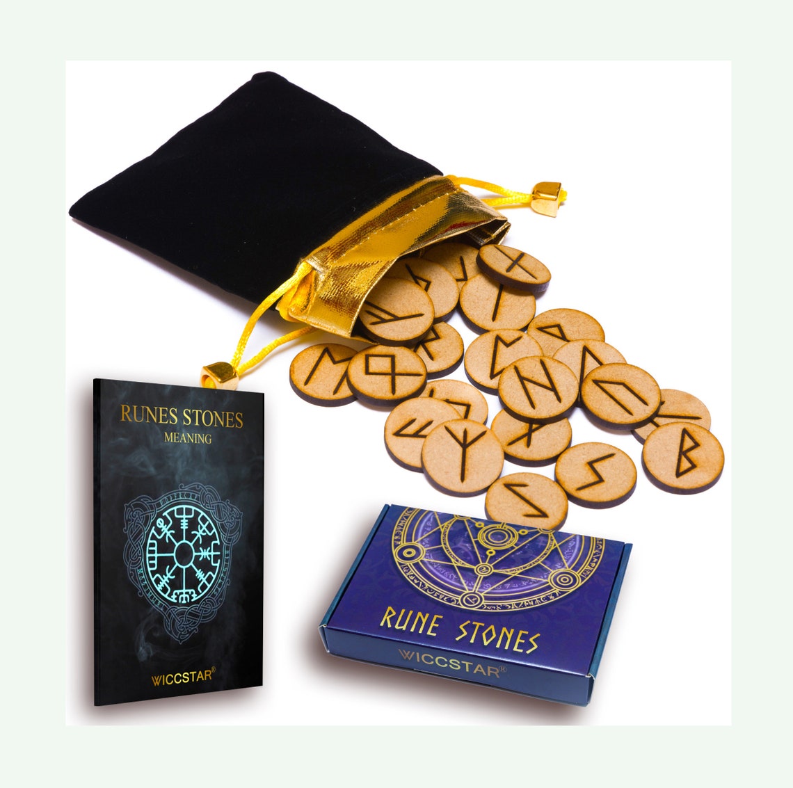 Wooden Rune Stone Bag Set With Layout & Meaning Booklet. Futhark Runes ...