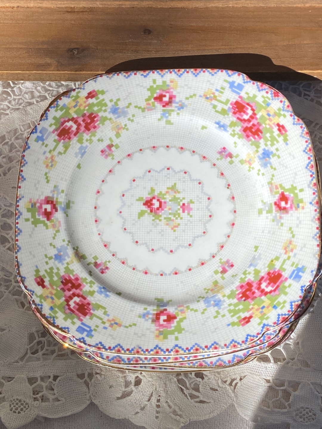Royal Albert Petit Point Bone China Square Bread and Butter Plates, Set ...