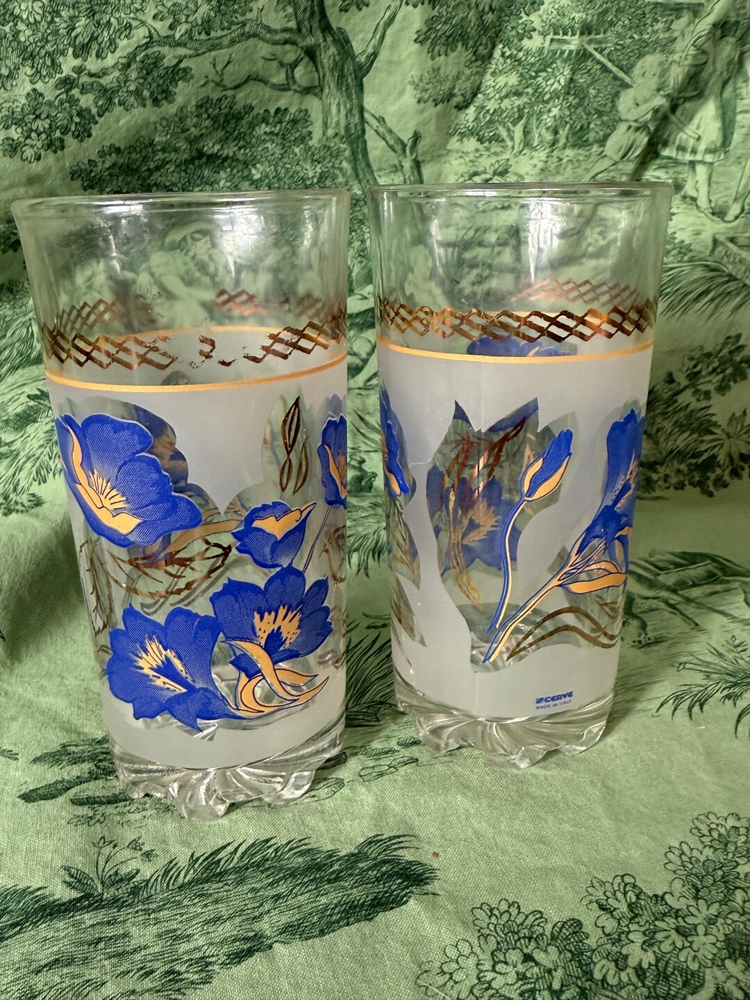 Cerve Italian Glassware. Set of Two Tumblers, Frosted Blue and Gold ...