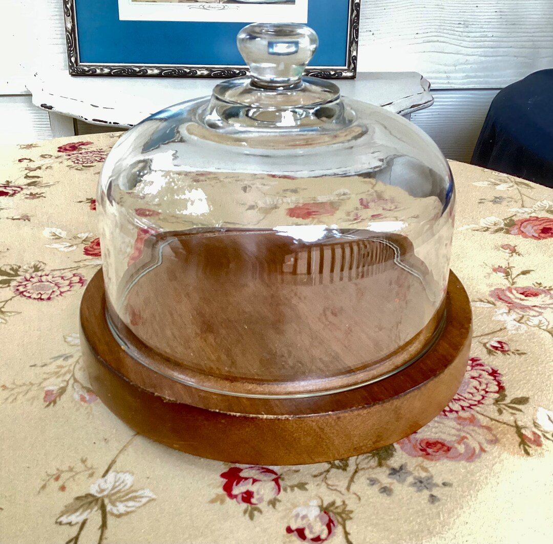 Round Glass and Teak Covered Cheese Server, Charcuterie Dish, by ...