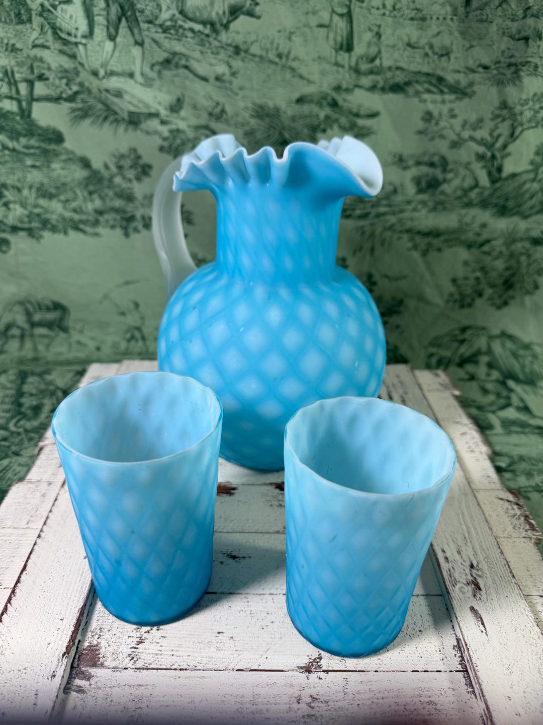 Antique Mt Washington Glass Pitcher and Two Glasses. Quilted Blue Satin ...