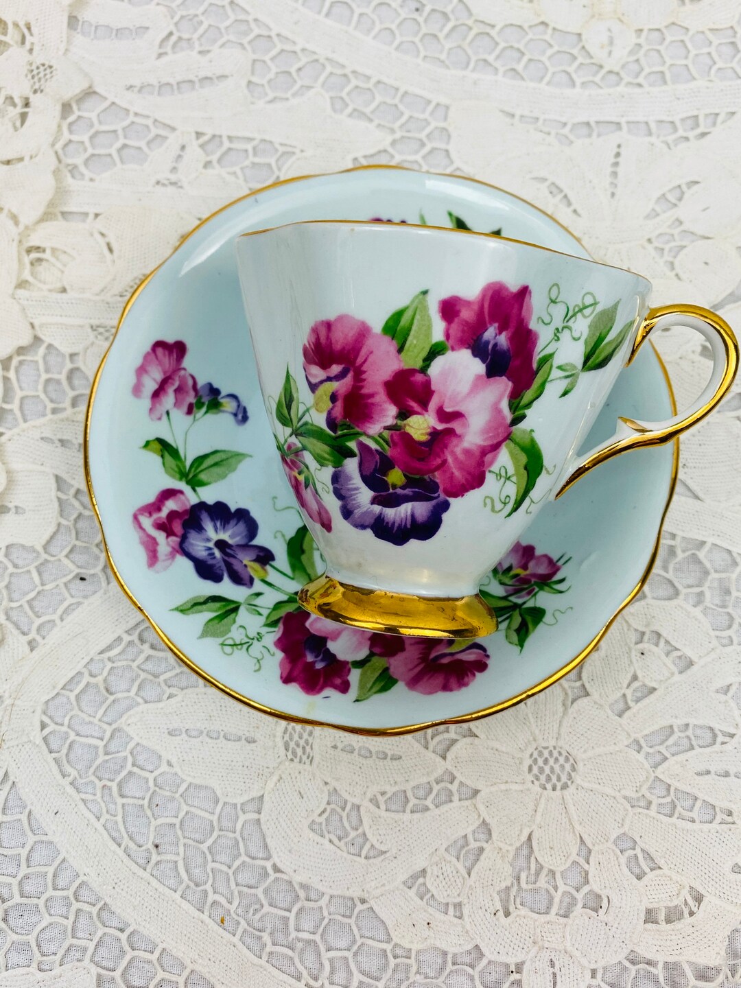 Clarence Teacup and Saucer, Sweet Pea Pattern on Beautiful Pale Blue ...
