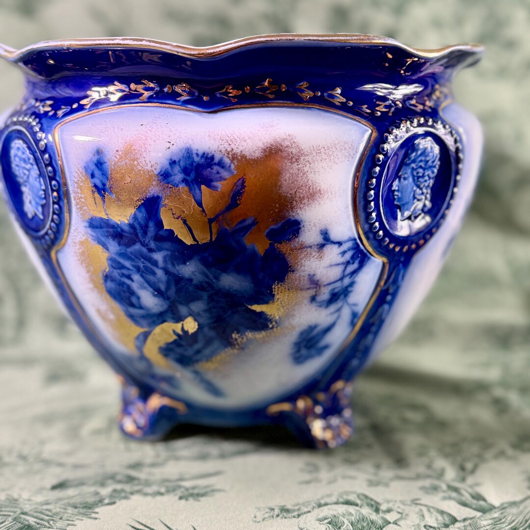 Antique English Flow Blue Jardinière, Transferware Cachepot, Cobalt ...