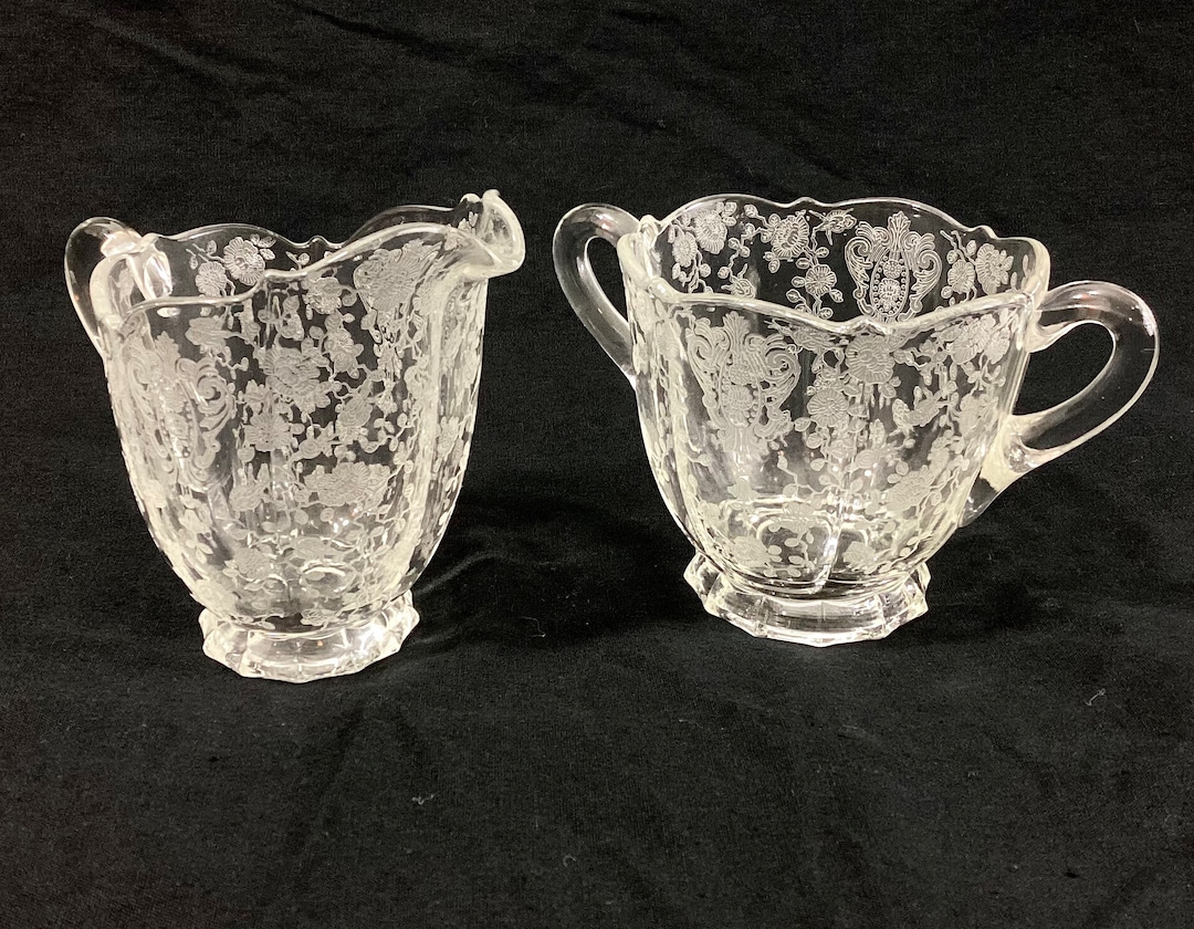 CAMBRIDGE Glass Etched Sugar and Creamer Set in Shape 3900, Pin Etch ...