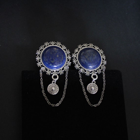 Silver Plugs With Pendant Chain and Semi-precise Stones | Etsy