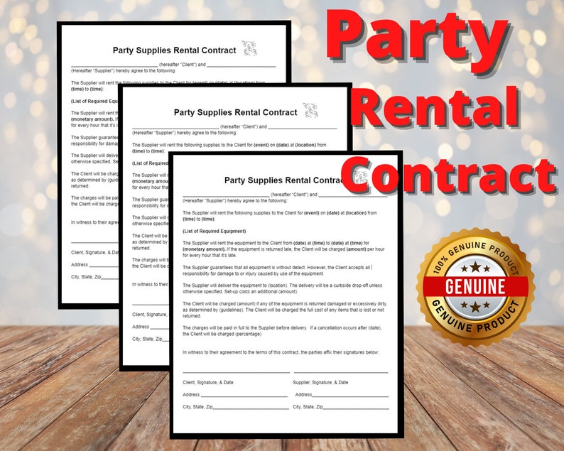 Party Supply Rental Contract, Party Supply Contract, Agreement, Simple ...