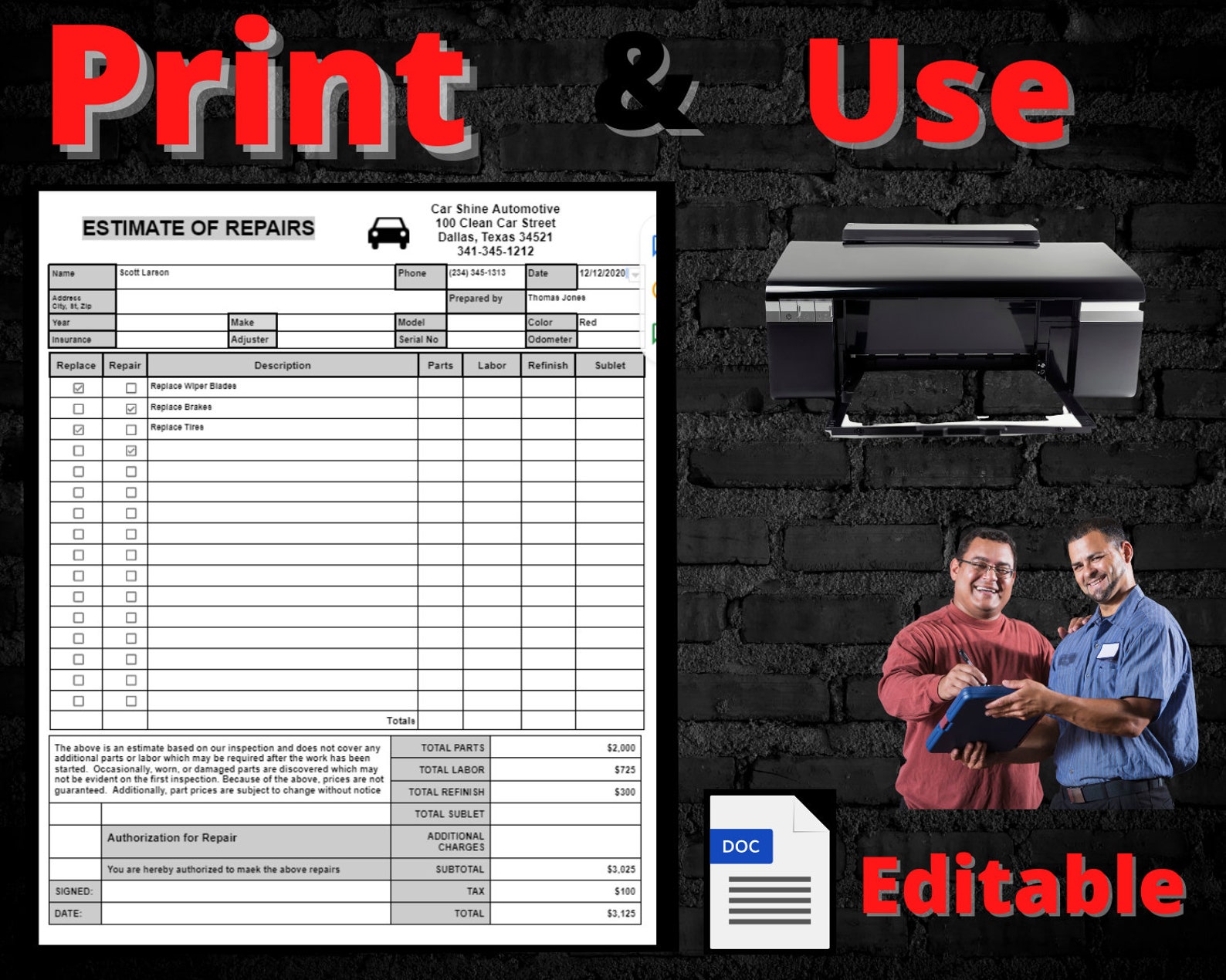 Auto Repair Estimate Template: Editable Mechanic Invoice Digital ...